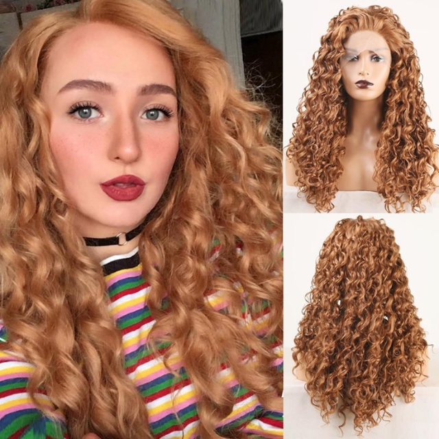 Front Lace Wig Cacheada Fibra Sintética Ruiva 55cm Uso Diário c Ajustes ...