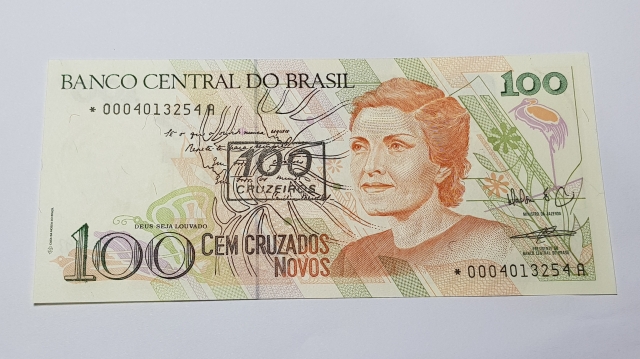 C211A Cédula Brasil de 100 Cruzados Novos c/ Carimbo de 100 Cruzeiros e ...