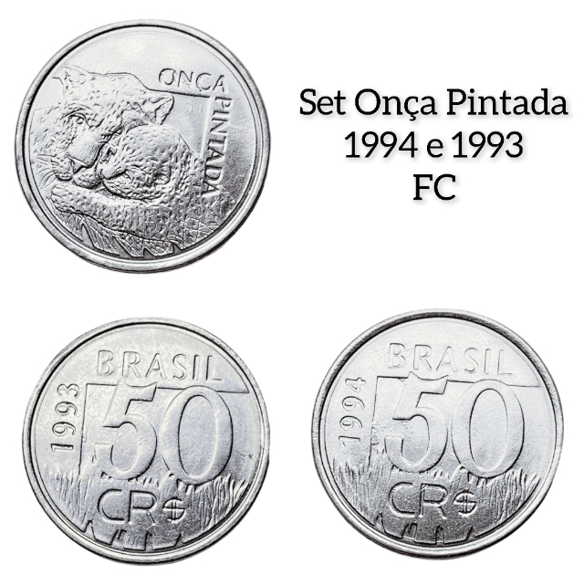 Set 2 Moedas 50 Cruzeiros Reais 1993 e 1994 Onça Pintada FC por R$25,00