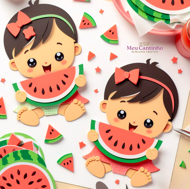 Topo bebê menina comendo melancia em camadas